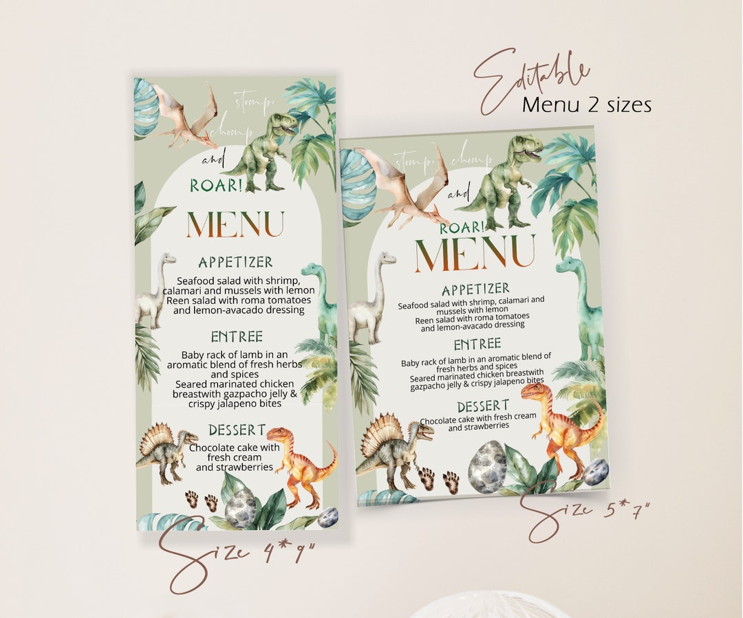 Dinosaur Menu Card, T-rex Menu, Editable Greenery Menu Template ...