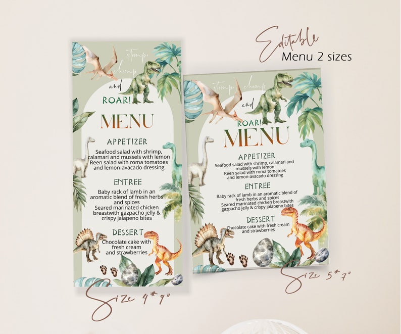 Dinosaur Menu Card, T-rex Menu, Editable Greenery Menu Template ...