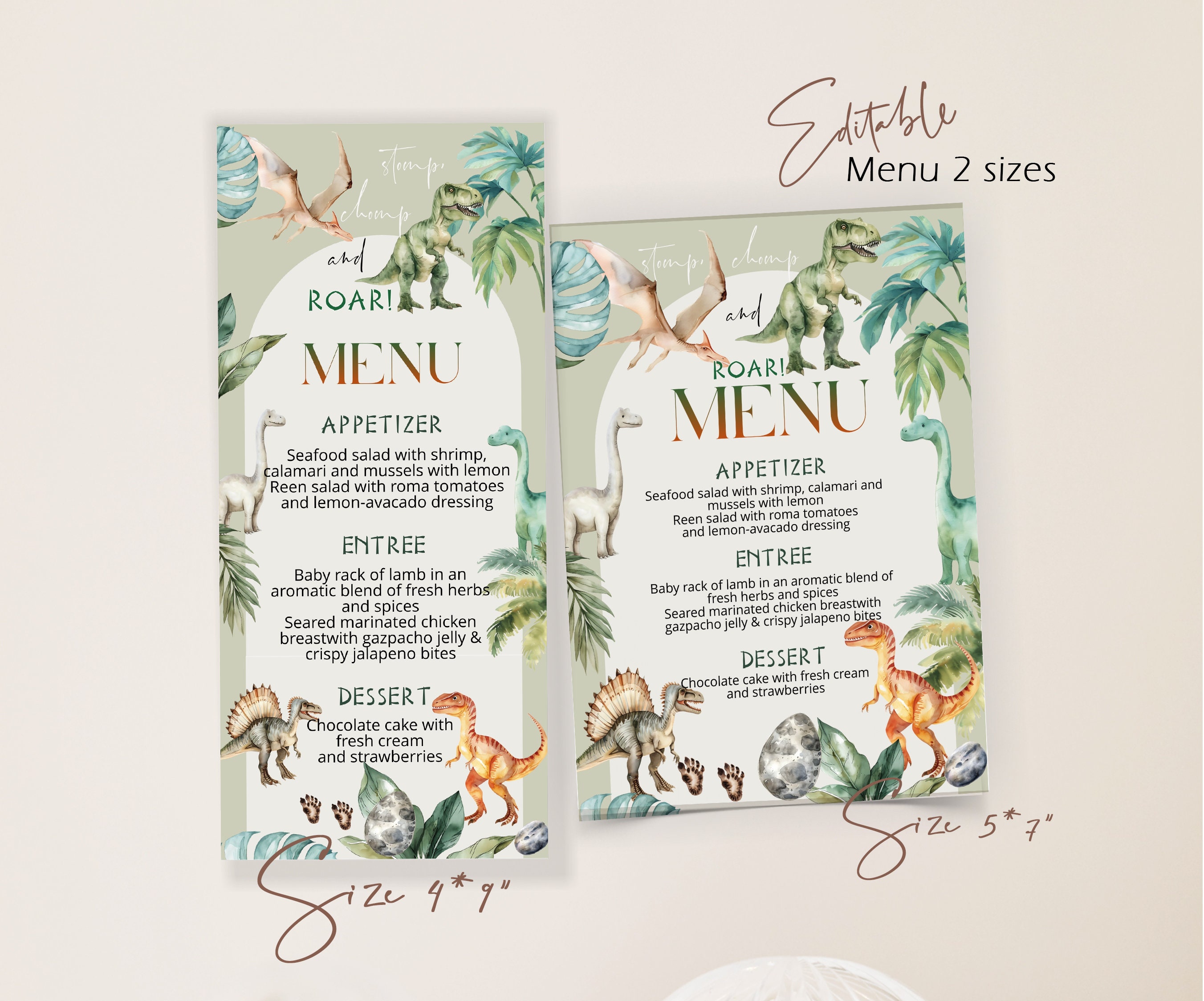 Dinosaur Menu Card, T-rex Menu, Editable Greenery Menu Template ...