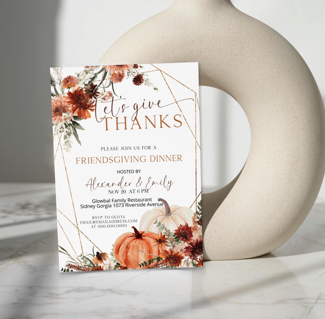 Let's Give Thanks Friendsgiving Party Invitation, Floral Pumpkin Invite ...
