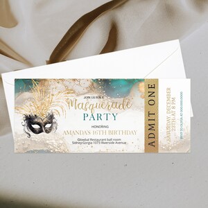 Masquerade Birthday Party Ticket Invitation, Sweet 16 Masquerade Ticket ...