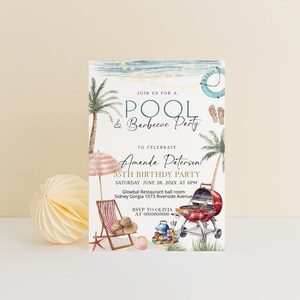 Pool and BBQ Party Invitation, Editable Birthday Invitation, Grill and ...