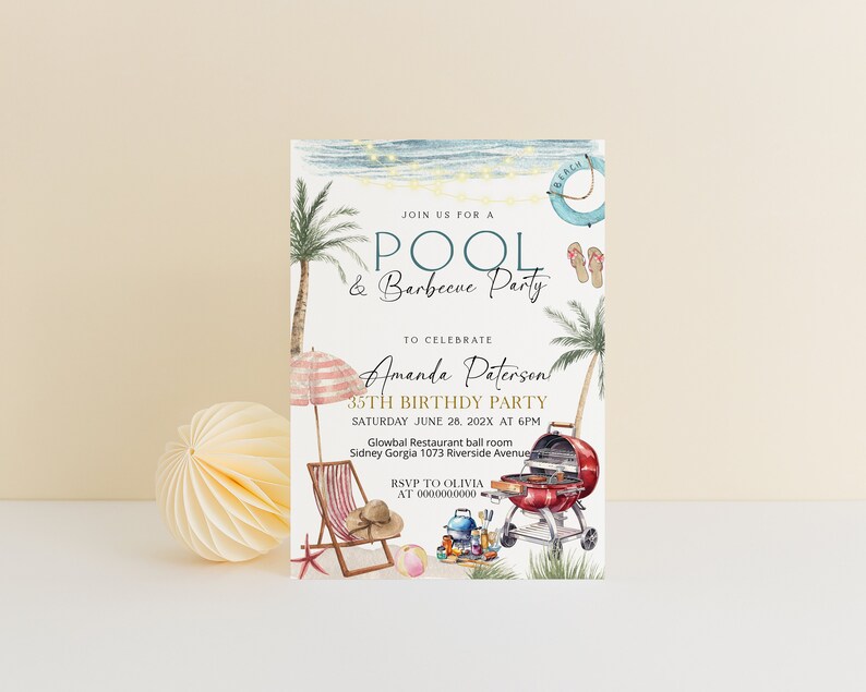 Pool and BBQ Party Invitation, Editable Birthday Invitation, Grill and ...