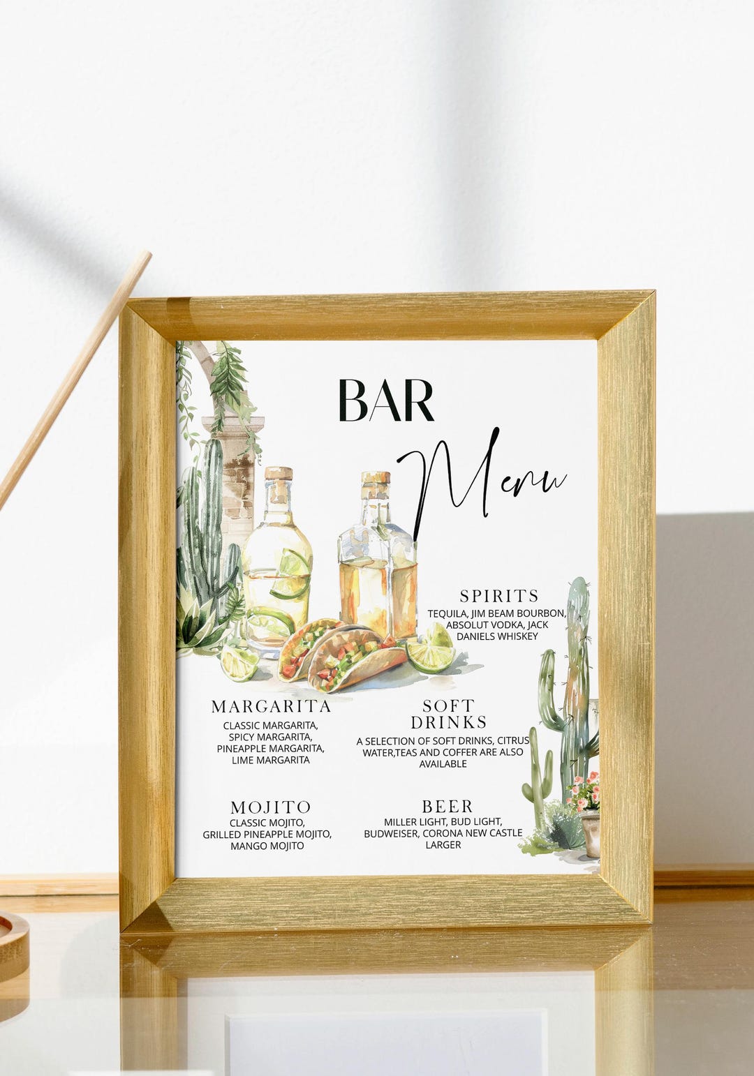 Fiesta Party Bar Menu Sign Template, Editable Drinks Menu Sign, Cactus ...