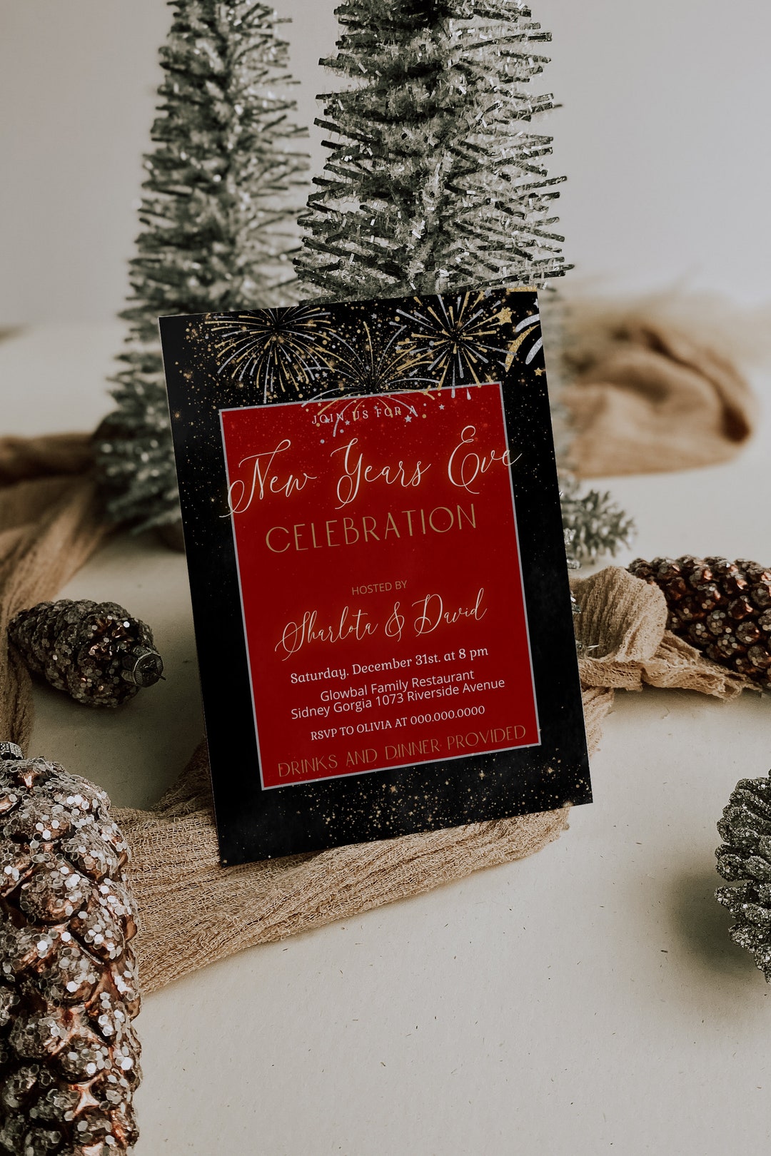 New Years Eve Celebrate Party Invitation Template, Editable Black Red ...