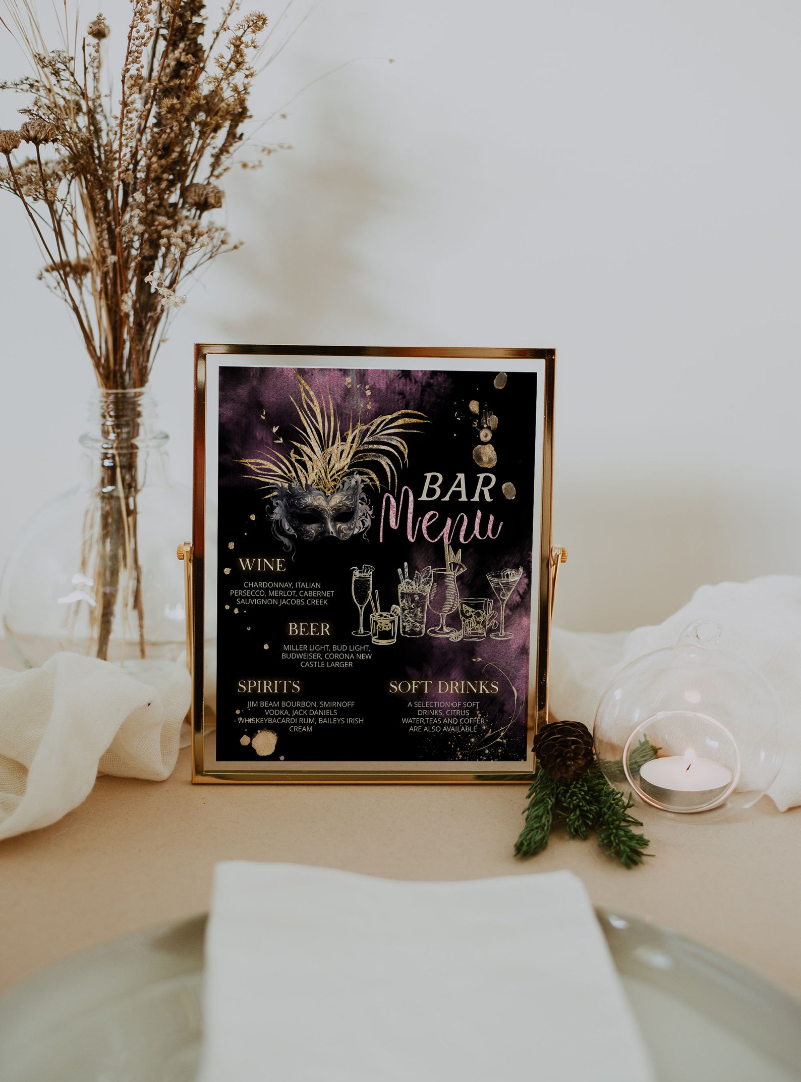 Masquerade Bar Menu Sign Template, Printable Masquerade Party Birthday ...