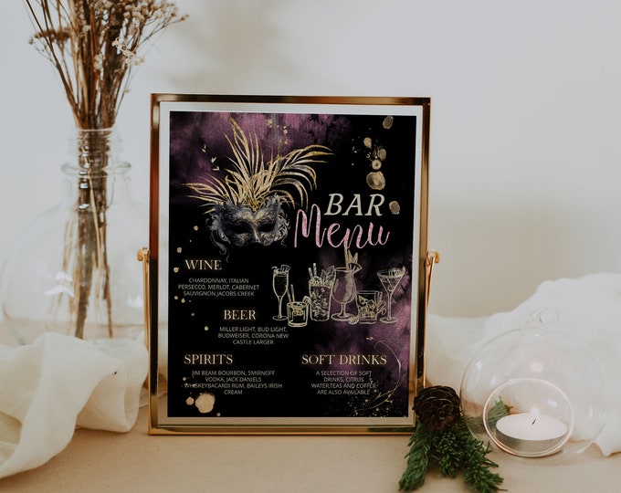 Custom Acrylic Bar Menu Wedding Signature Drinks Black & Gold Modern ...