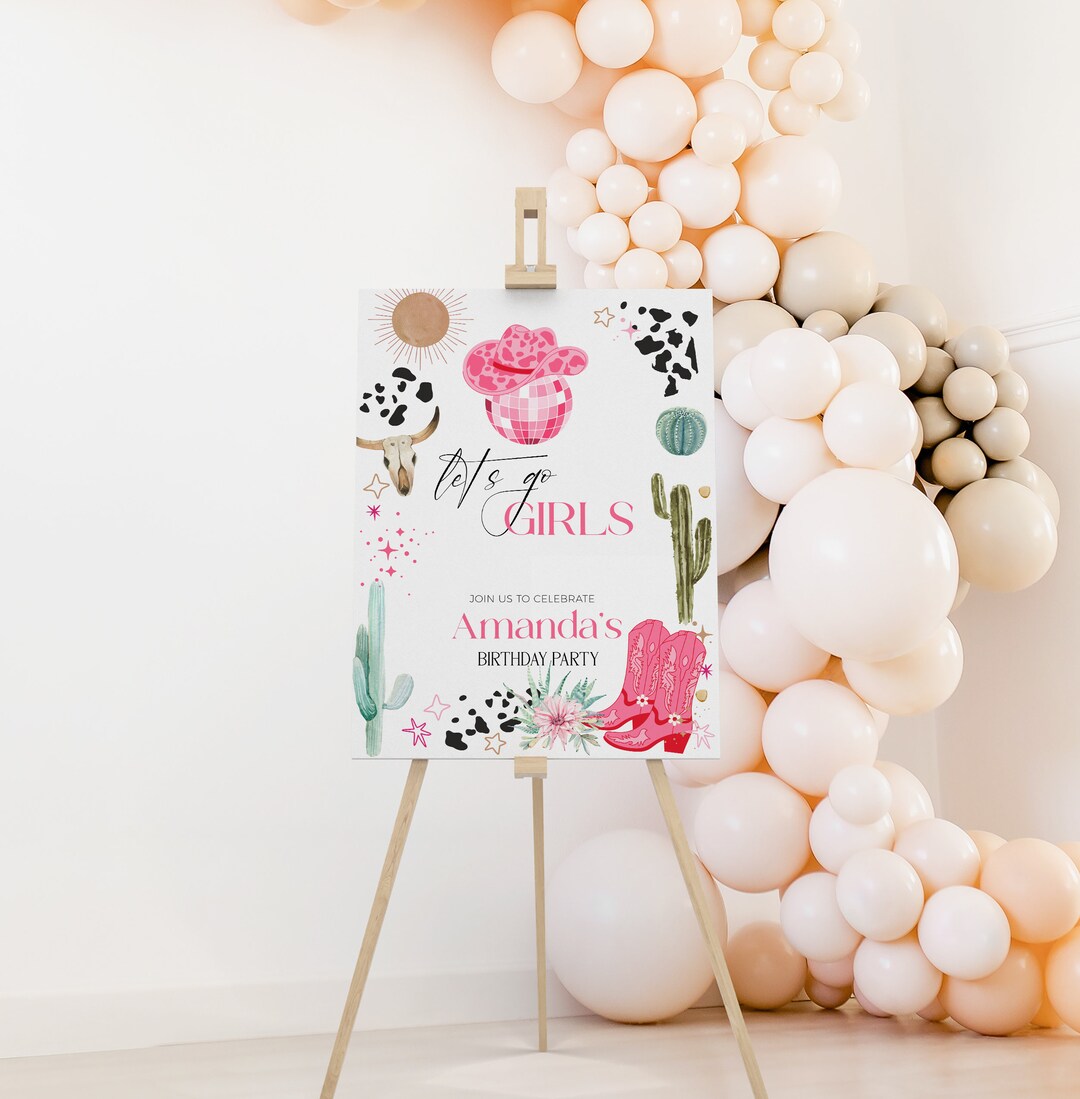 Let’s Go Girls Birthday Welcome Sign Template, Pink Disco Cowgirl ...