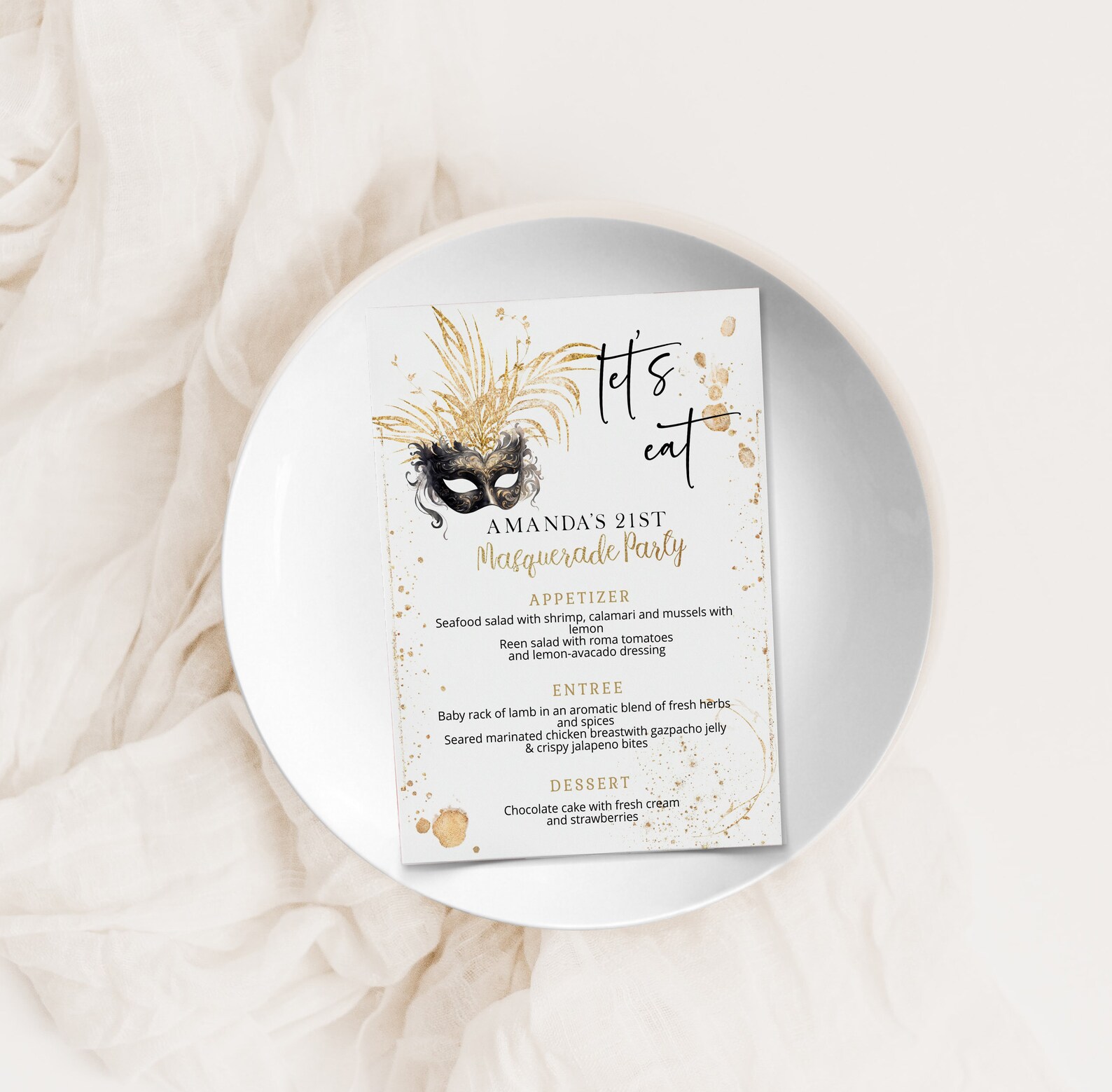 Masquerade Menu Card Template, Editable White Gold Masquerade Menu Card ...