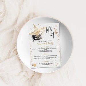 Masquerade Menu Card Template, Editable White Gold Masquerade Menu Card ...