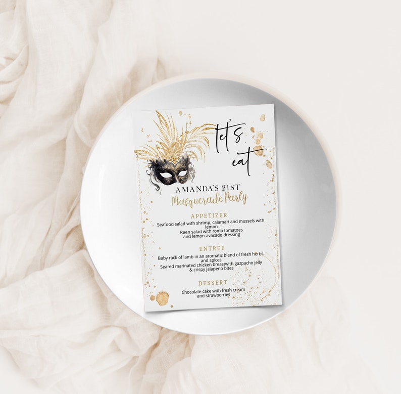 Masquerade Menu Card Template, Editable White Gold Masquerade Menu Card ...