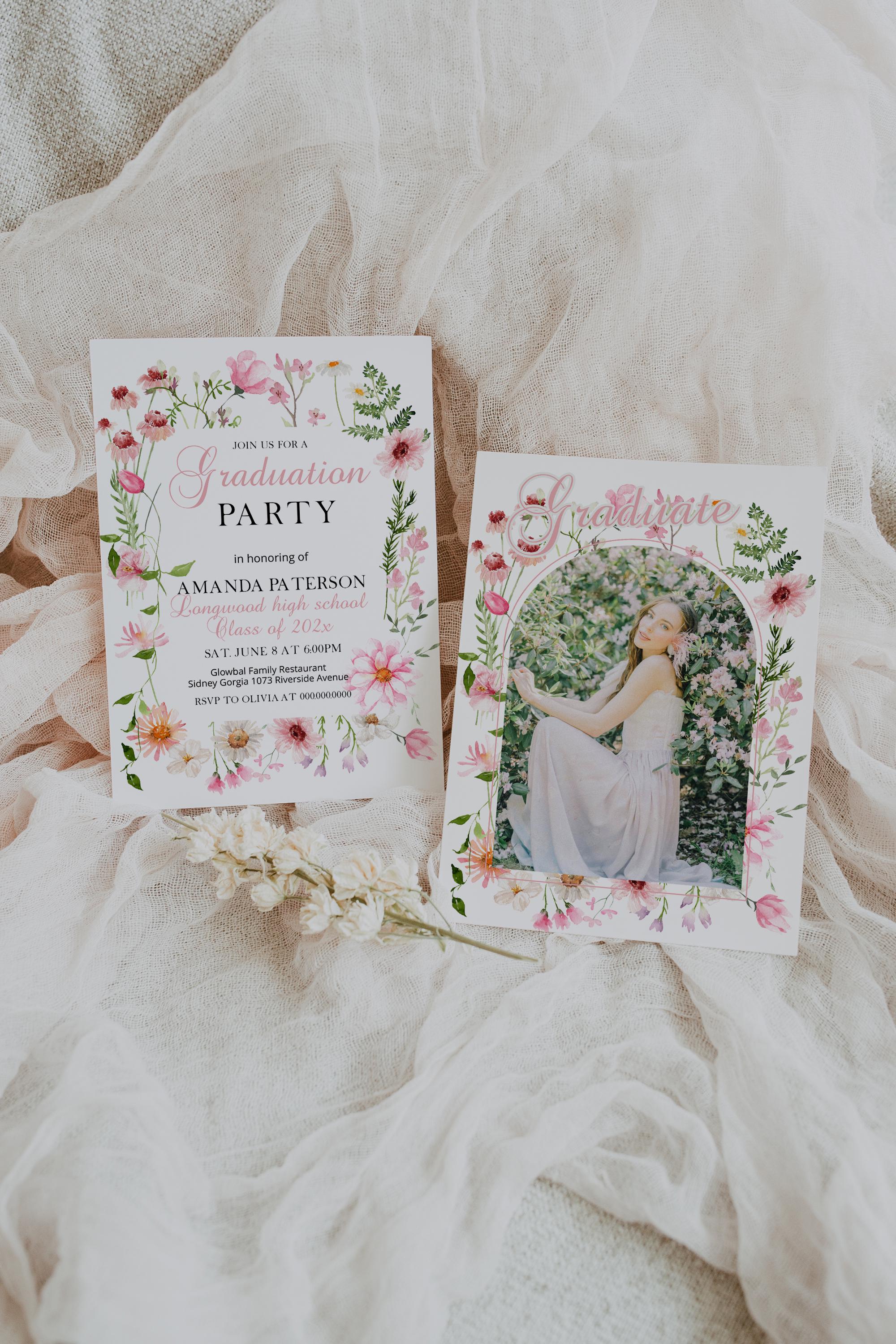 Pink Wildflower Graduation Party Invitation, She Did It Floral Theme ...