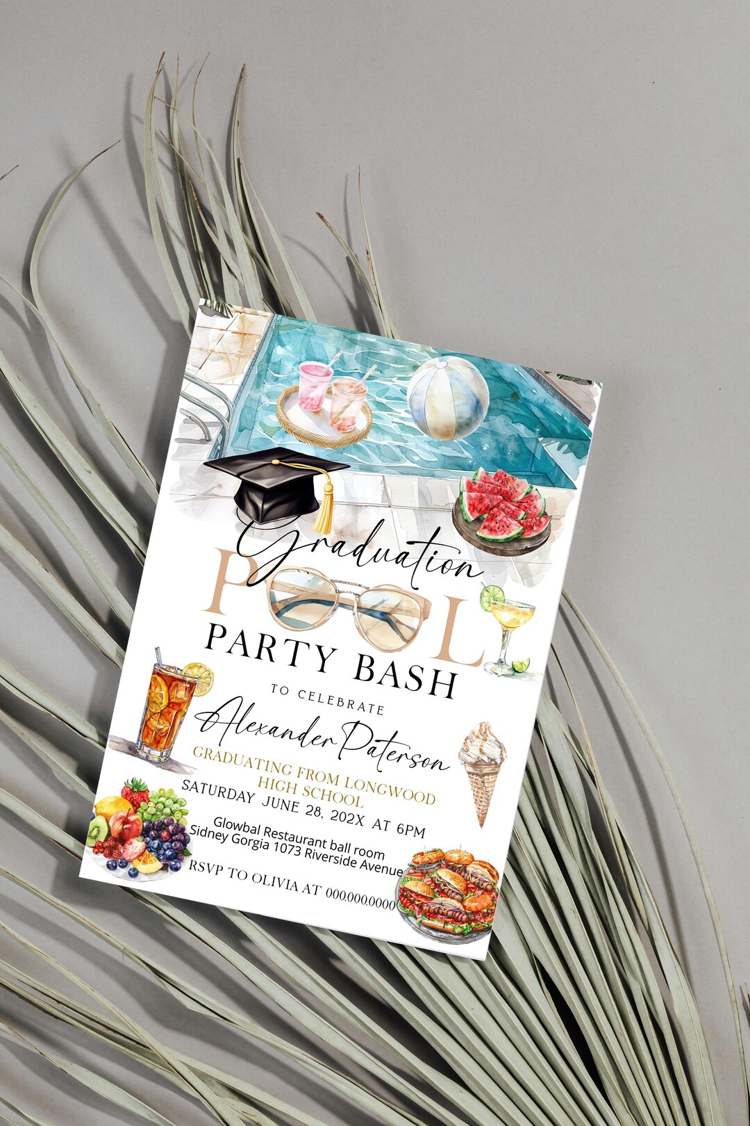 Graduation Pool Party Invitation Template, Beach Graduation, Editable ...