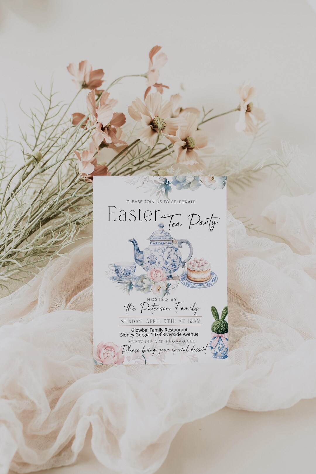 Easter Tea Party Invitation Template, Spring Flower, Easter Brunch ...