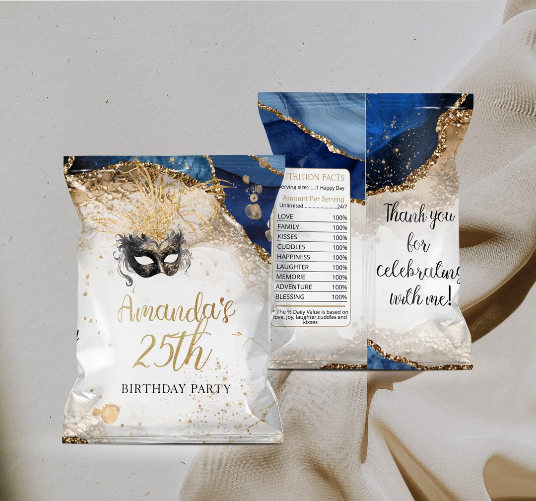 Royal Blue Gold Chips Bags, Birthday Masquerade Ball Chip Bag, Editable ...