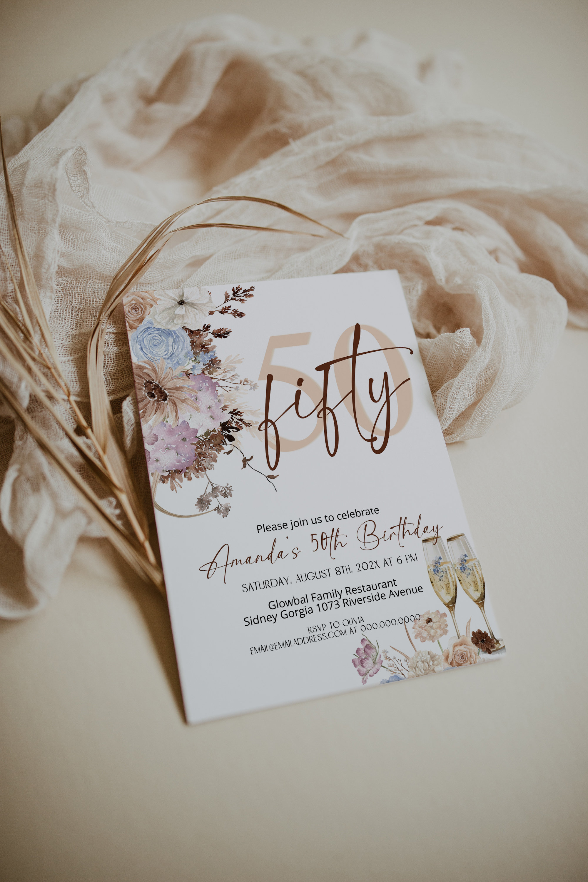 50th Birthday Invitation for Women, 50 Years Boho Floral Birthday Party ...