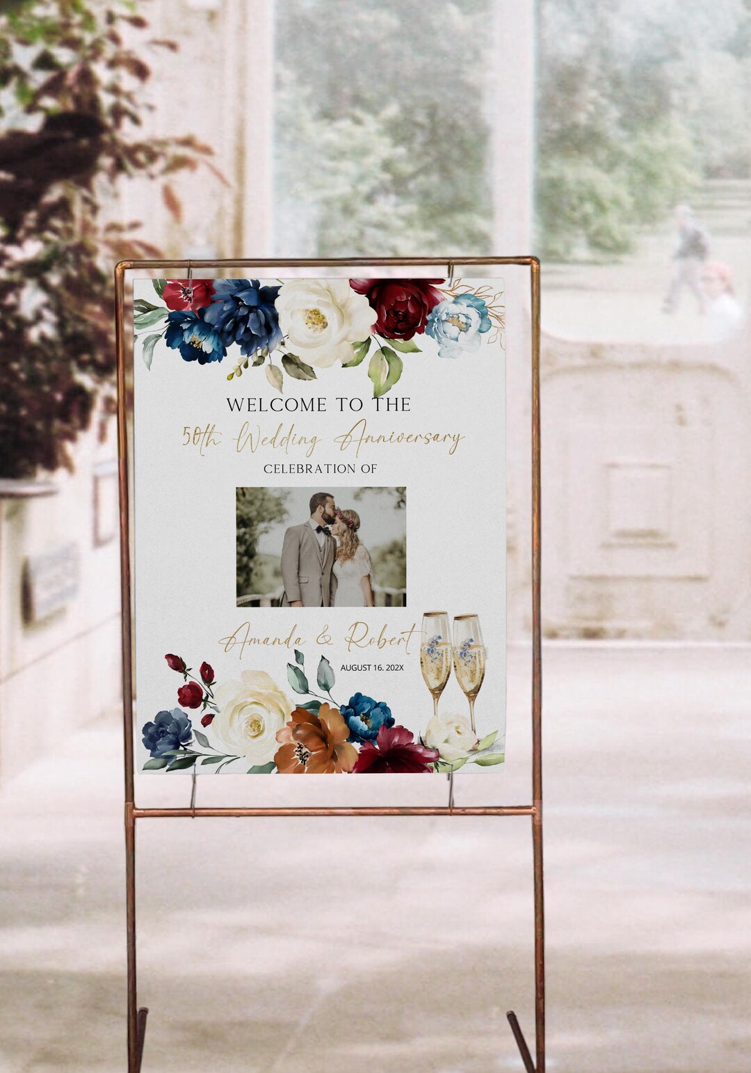 Floral 50th Anniversary Welcom Sign Template, Wedding Anniversary Sign ...