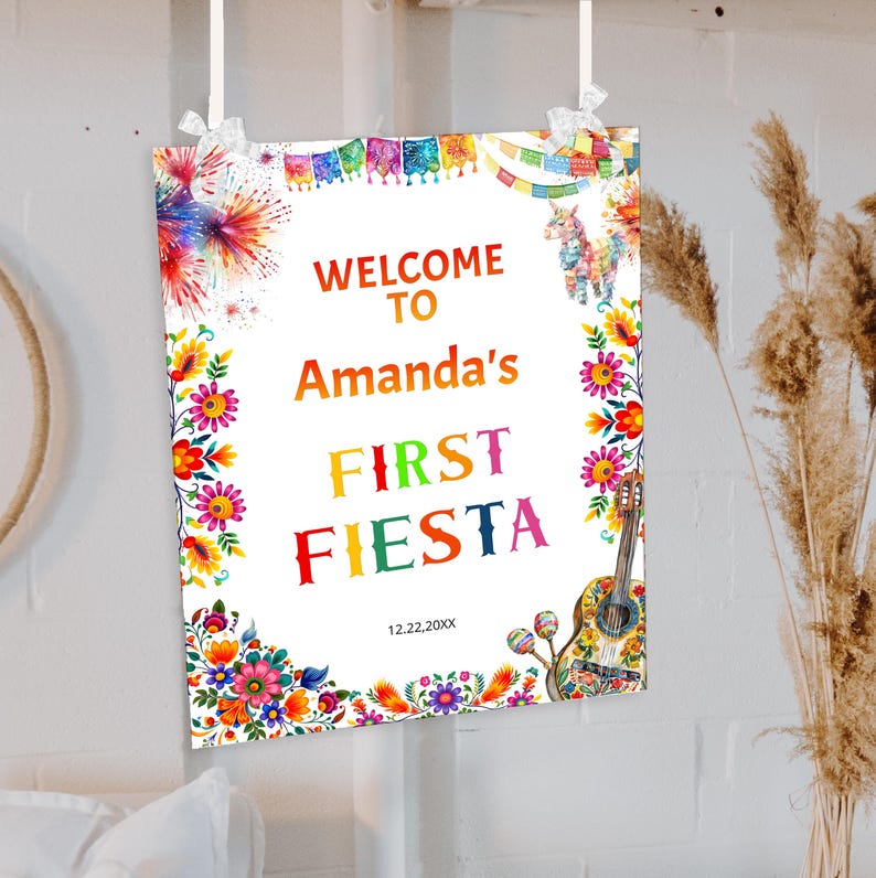First Fiesta Birthday Welcome Sign, Colorful Floral Mexican Theme Party ...