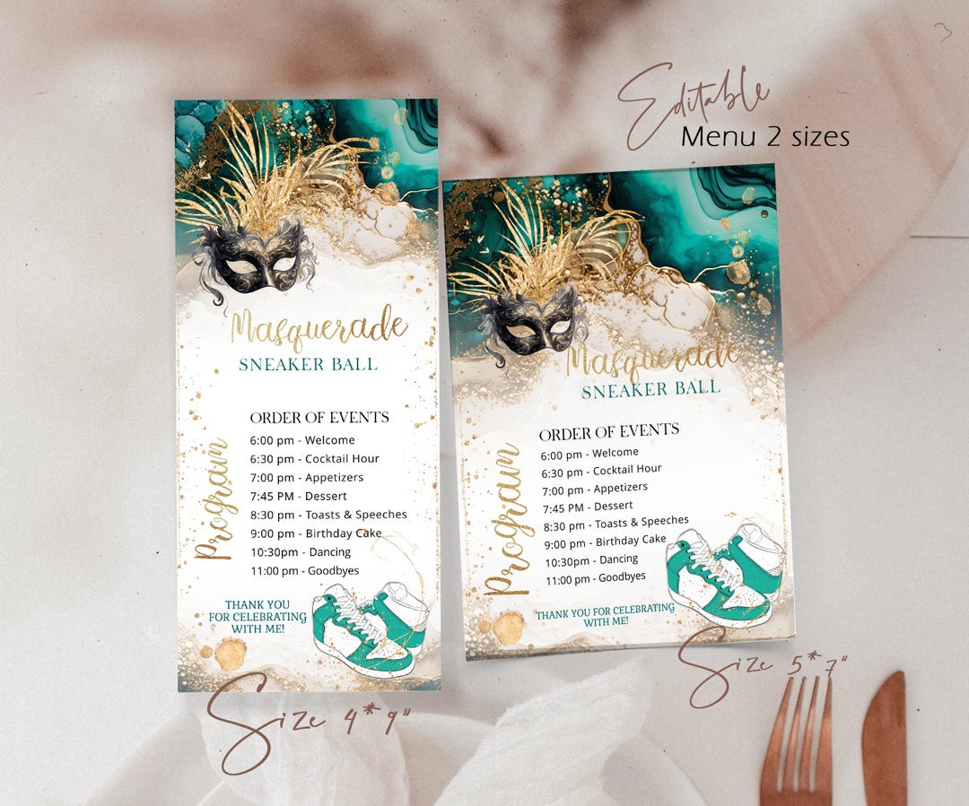 Green Gold Masquerade Sneaker Ball Program Card Template, Editable Masquerade Program, Sneaker ...
