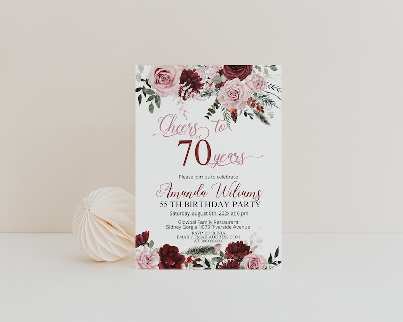 70th Birthday Invitation for Women, 70 Years Boho Floral Birthday Party ...