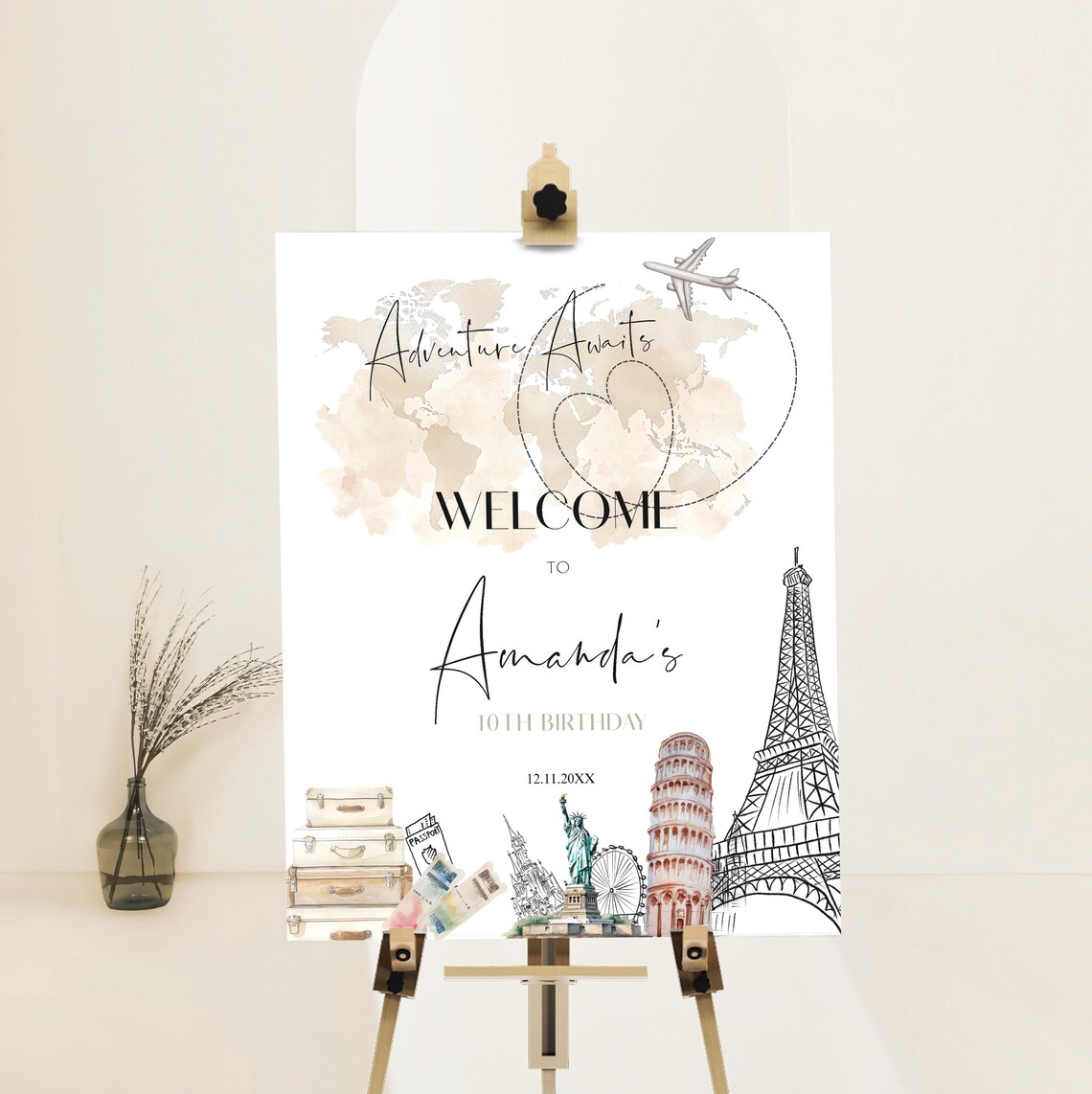 Around the World Birthday Welcome Sign Template, Editable Adventure ...