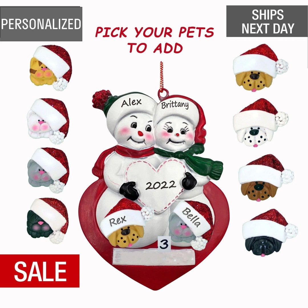 Snowman Couple With Pets Christmas Ornament, Couple Cat and Dog ...