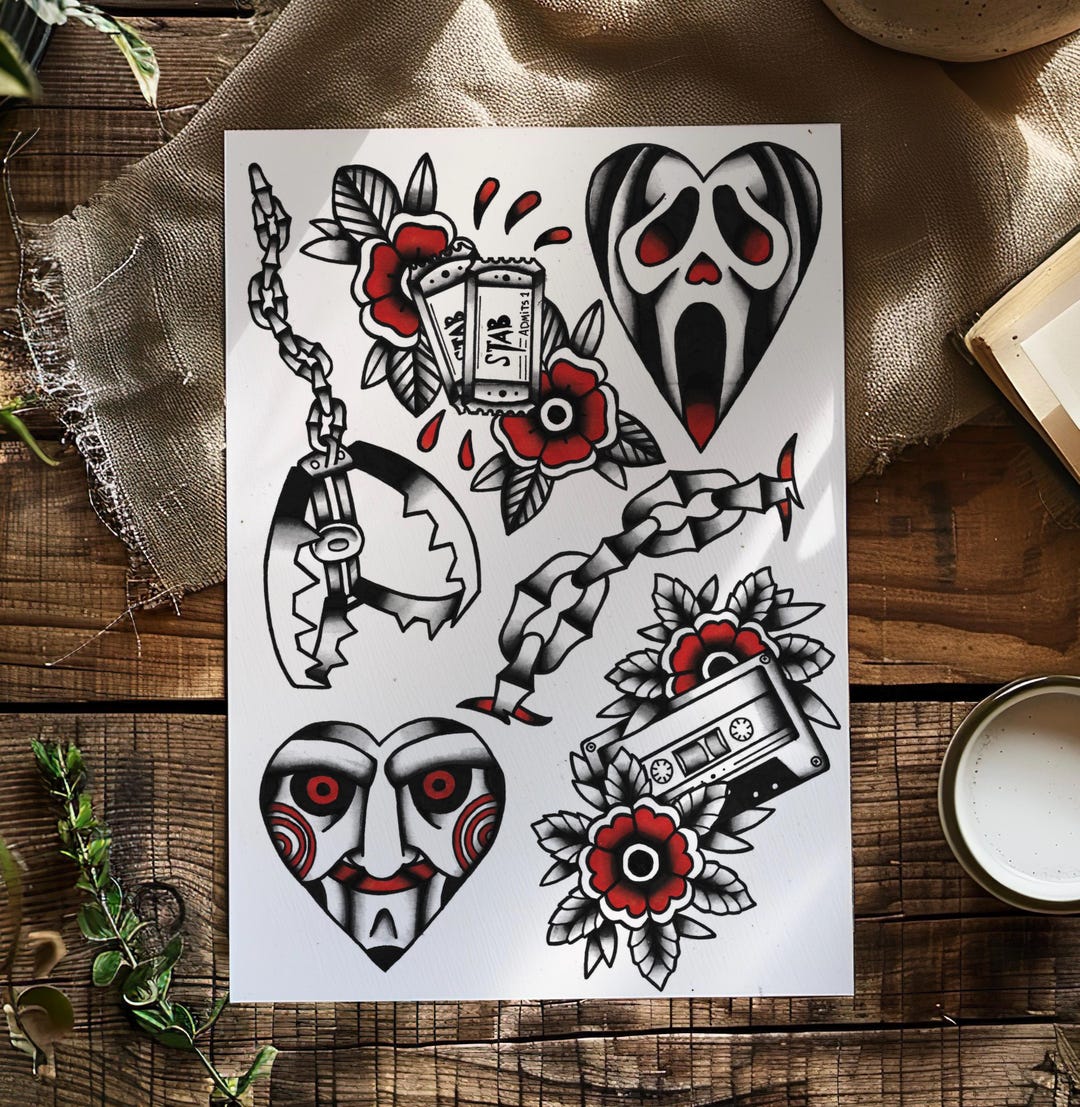 Horror Tattoo Flash Sheet | Traditional Gothic Tattoo Art (digital ...