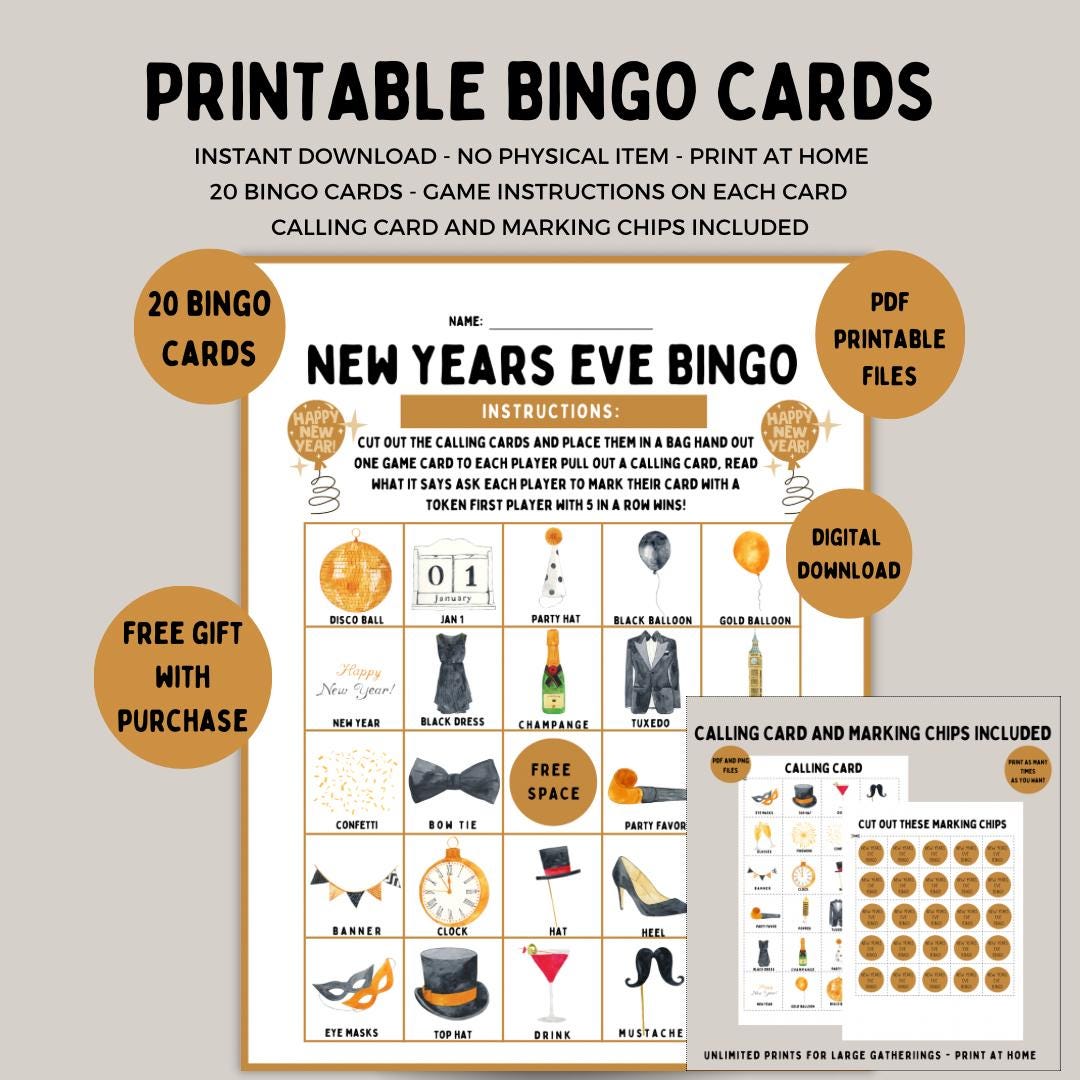 New Year’s Eve Bingo Game | Printable NYE Party Game | 20 Unique Bingo ...