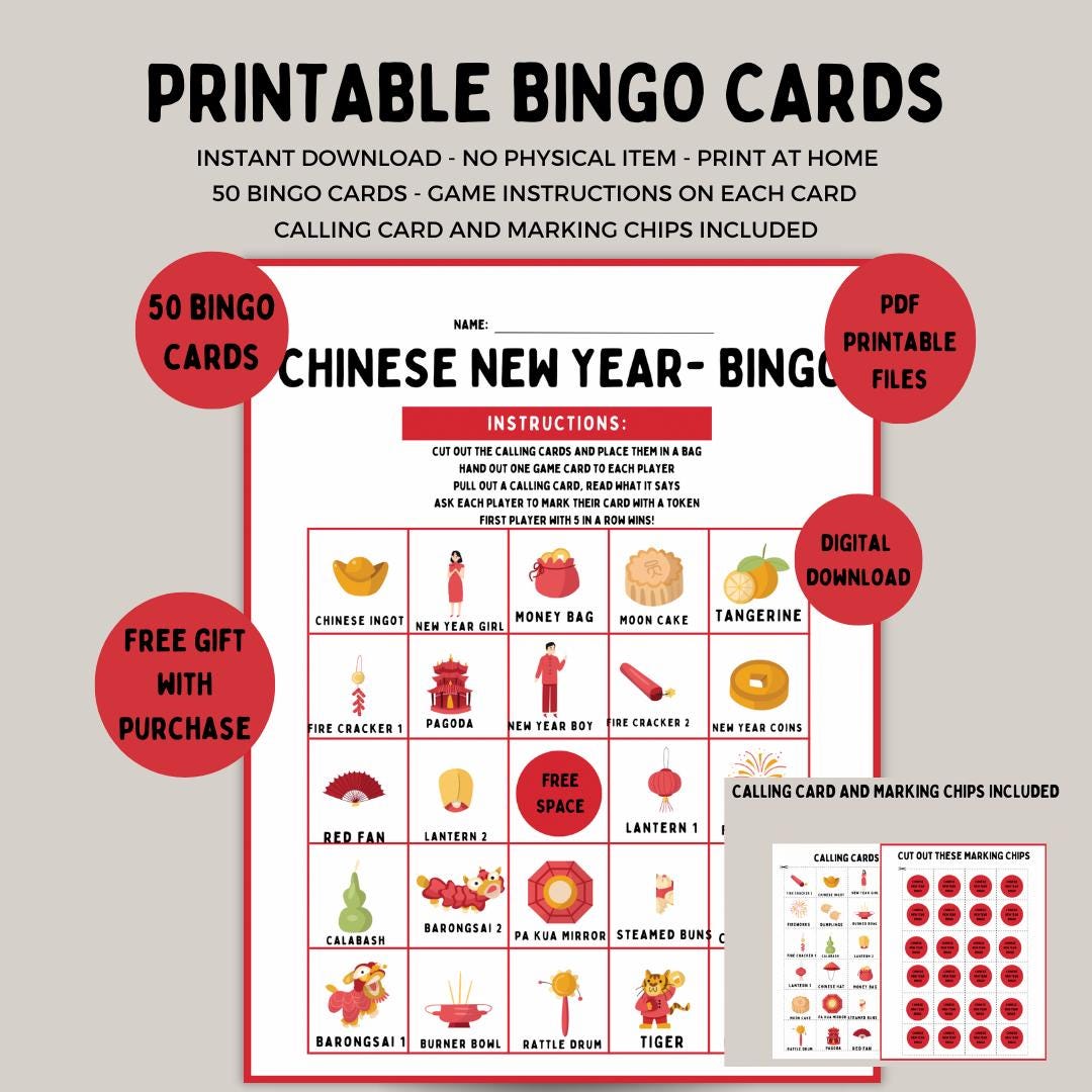 Chinese New Year Bingo Game | Lunar New Year Printable | 50 Unique ...
