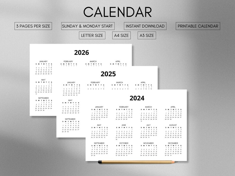 Calendar Printable 2024/2025/2026, Printable Yearly Planner, Calendars ...