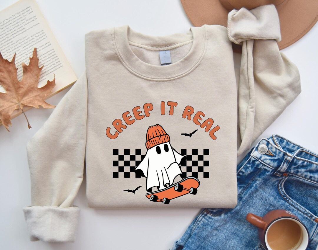 Creep It Real Halloween Shirt, Cute Skater Ghost Shirt, Funny Halloween ...