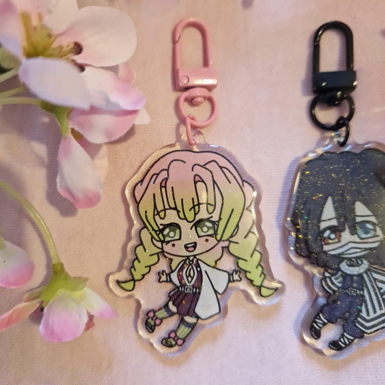 Demon Slayer Mitsuri & Obanai Chibi Glitter Keychains - Etsy