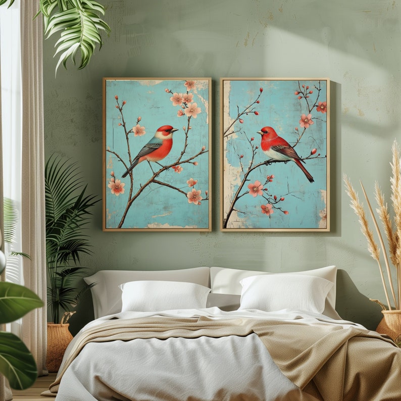 Chinoiserie Wall Art in Robin's Egg Blue, Two Piece Wall Art, Bedroom ...