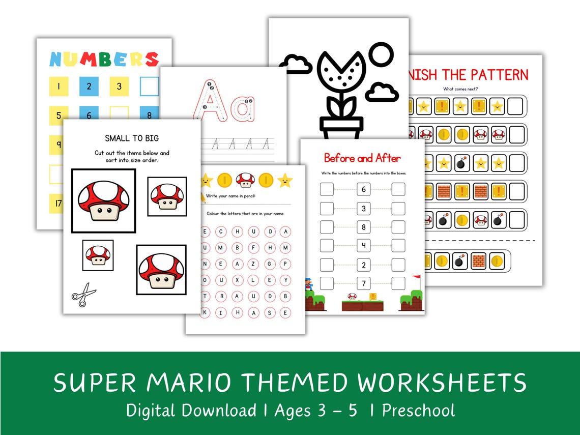 Super Mario Preschool Worksheets: Math & English Activities (PDF) - Etsy