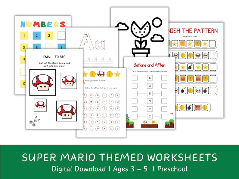 52-page Super Mario-themed Learning Worksheets for Kids Preschool Math ...
