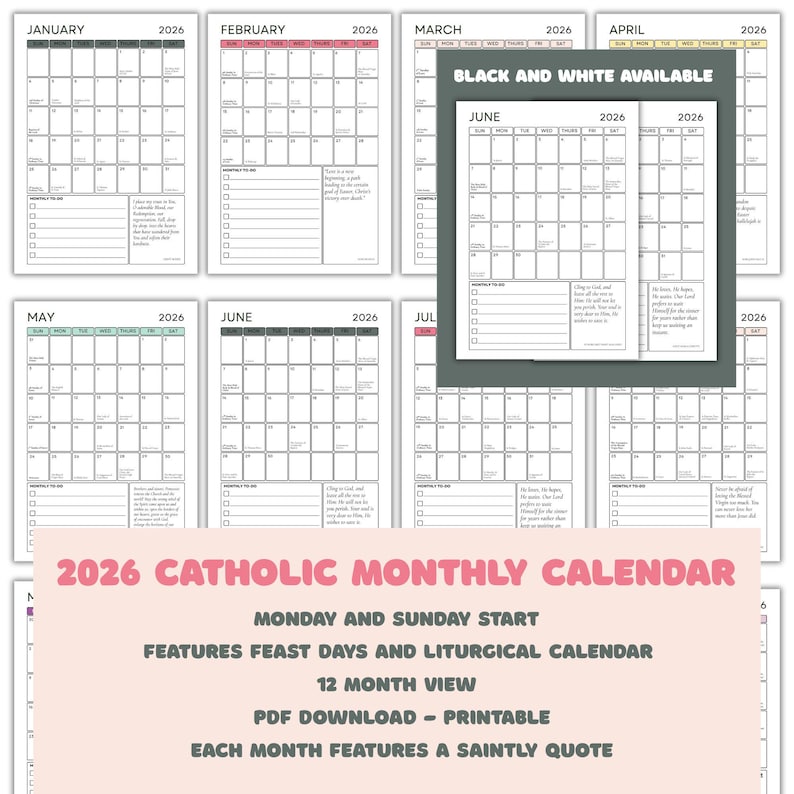 2026 Liturgical Catholic Calendar, Printable Monthly Planner, PDF ...