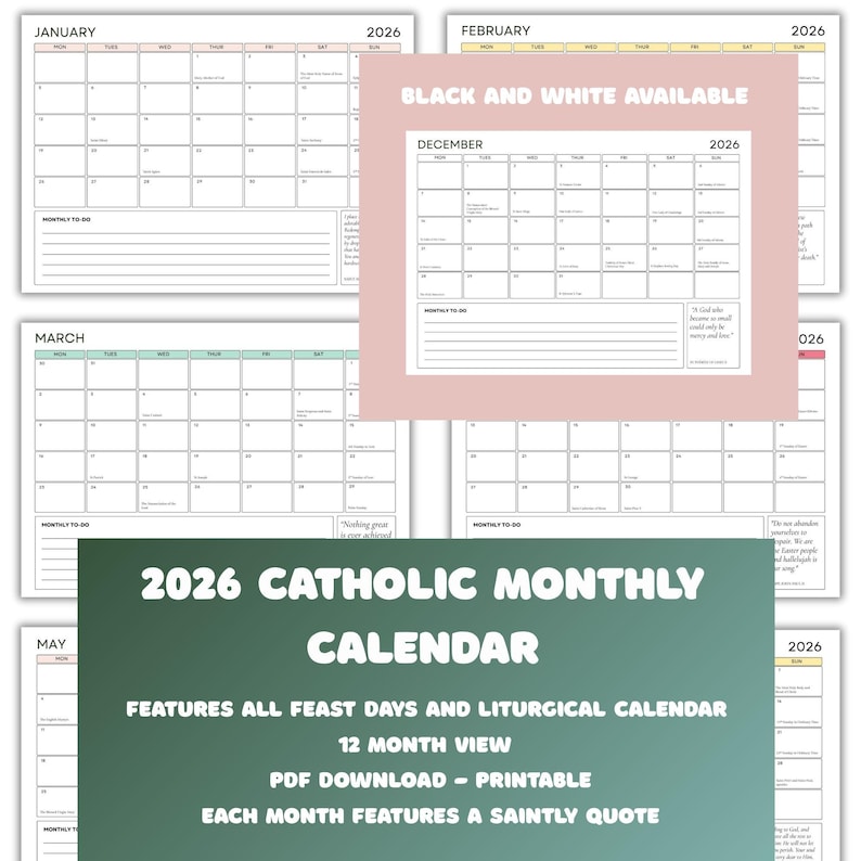 2026 Liturgical Catholic Calendar, Printable Monthly Planner, Feast ...