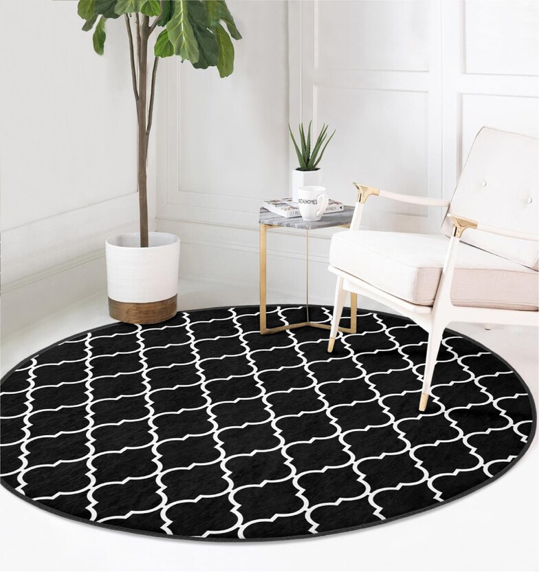 Black Geometric Round Rugogee Design Carpetabstract Shapes Carpetswhite ...