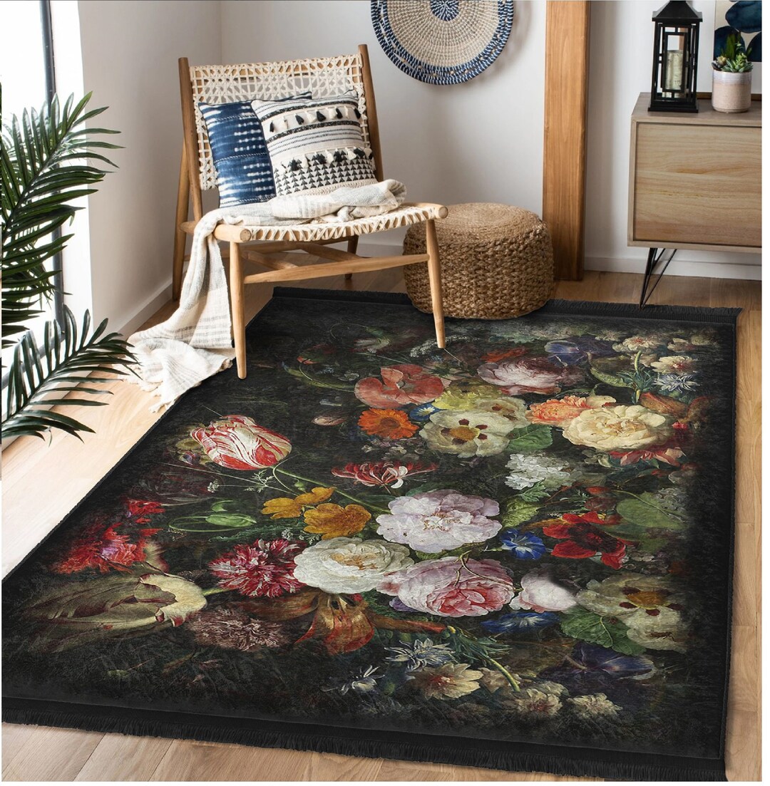 Floral Area Rugflower Motif Carpetblack Nature Carpetsblossom ...