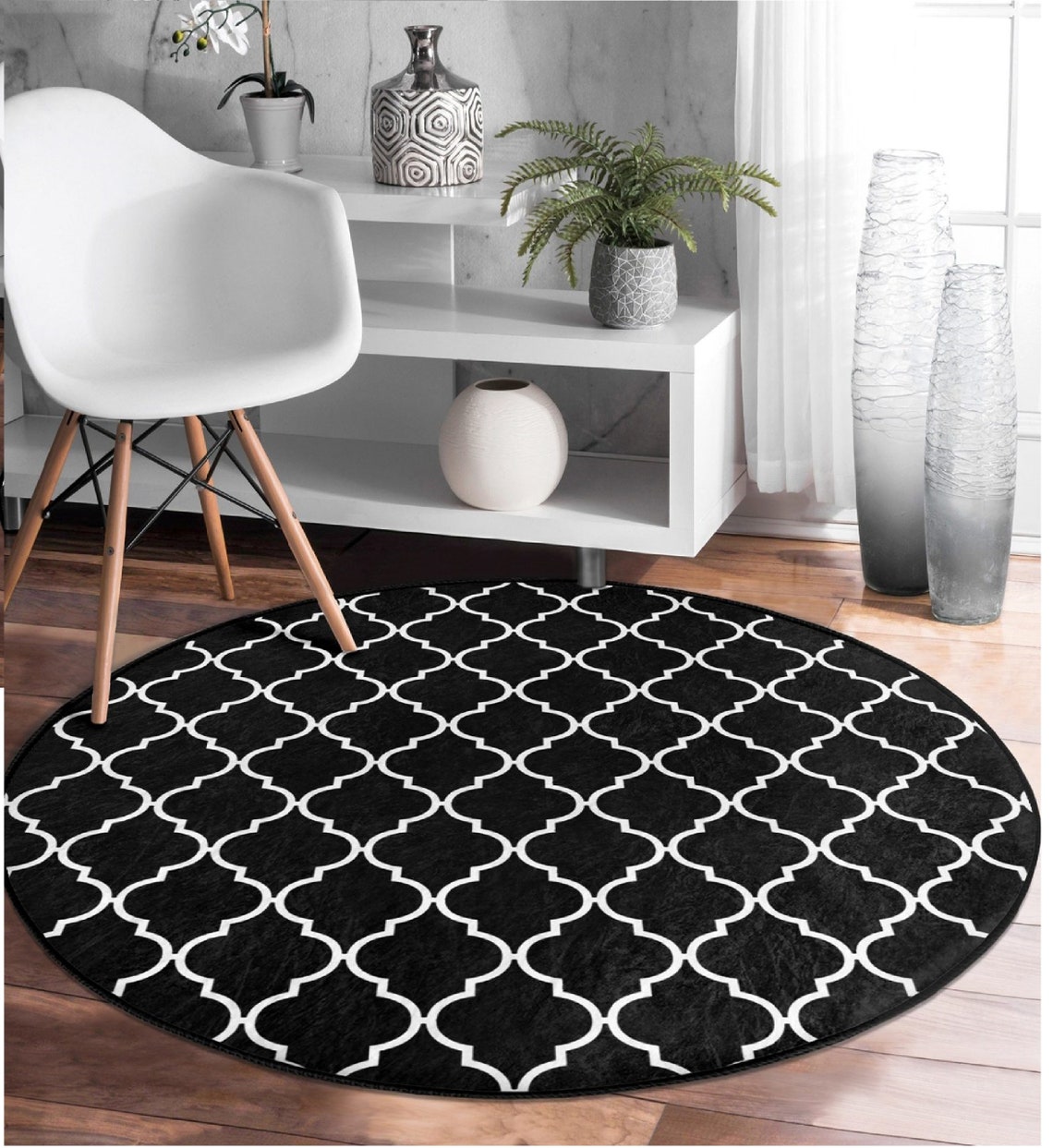 Black Geometric Round Rugogee Design Carpetabstract Shapes Carpetswhite ...