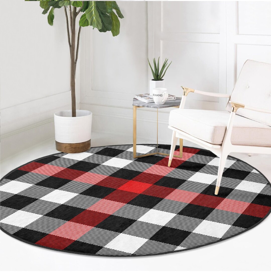 Plaid Round Rugcheckered Area Rugsblack Tartan Circle Carpetred Check ...