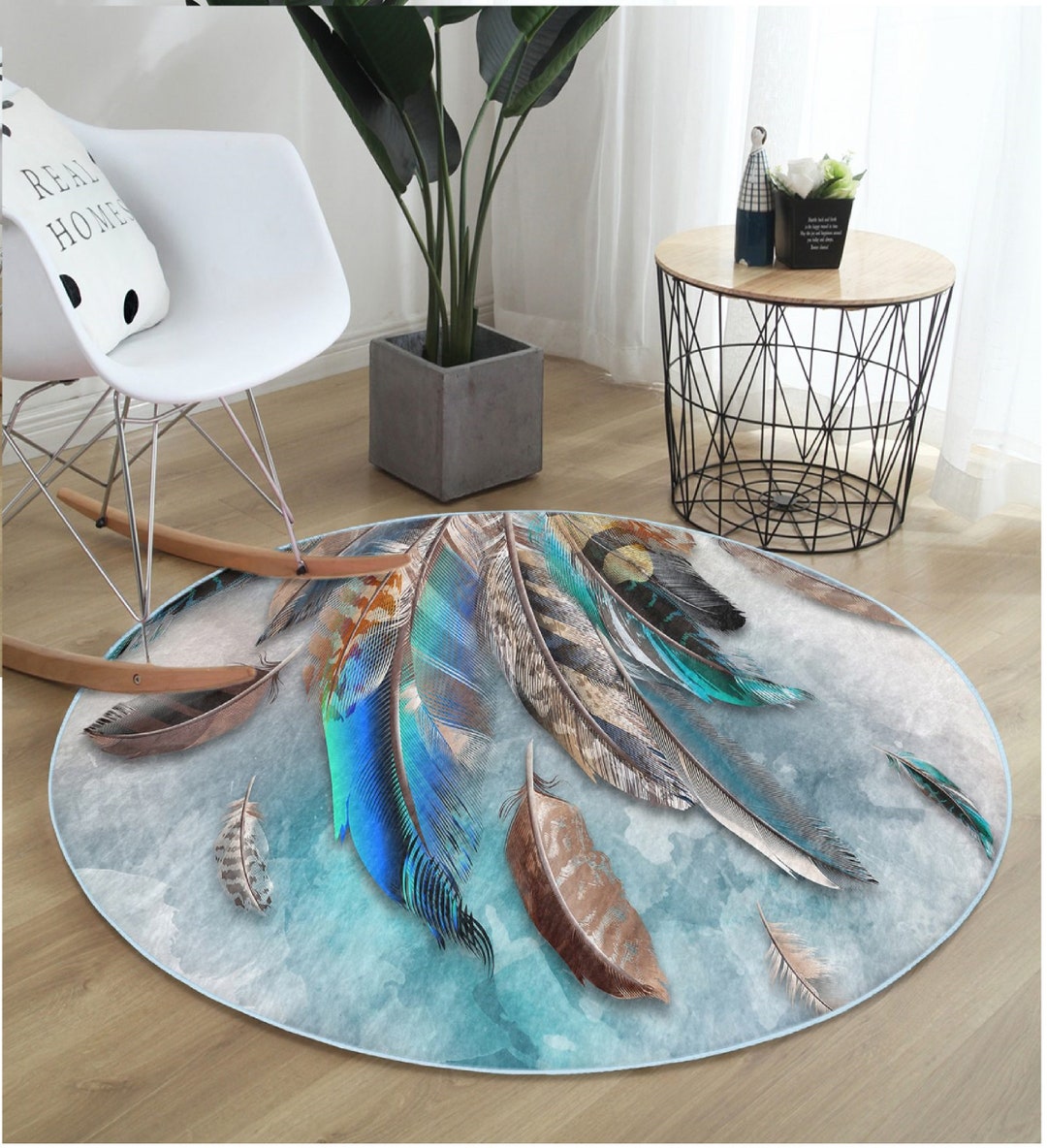 Feather Area Rugavian Motif Carpetplumage Round - Etsy