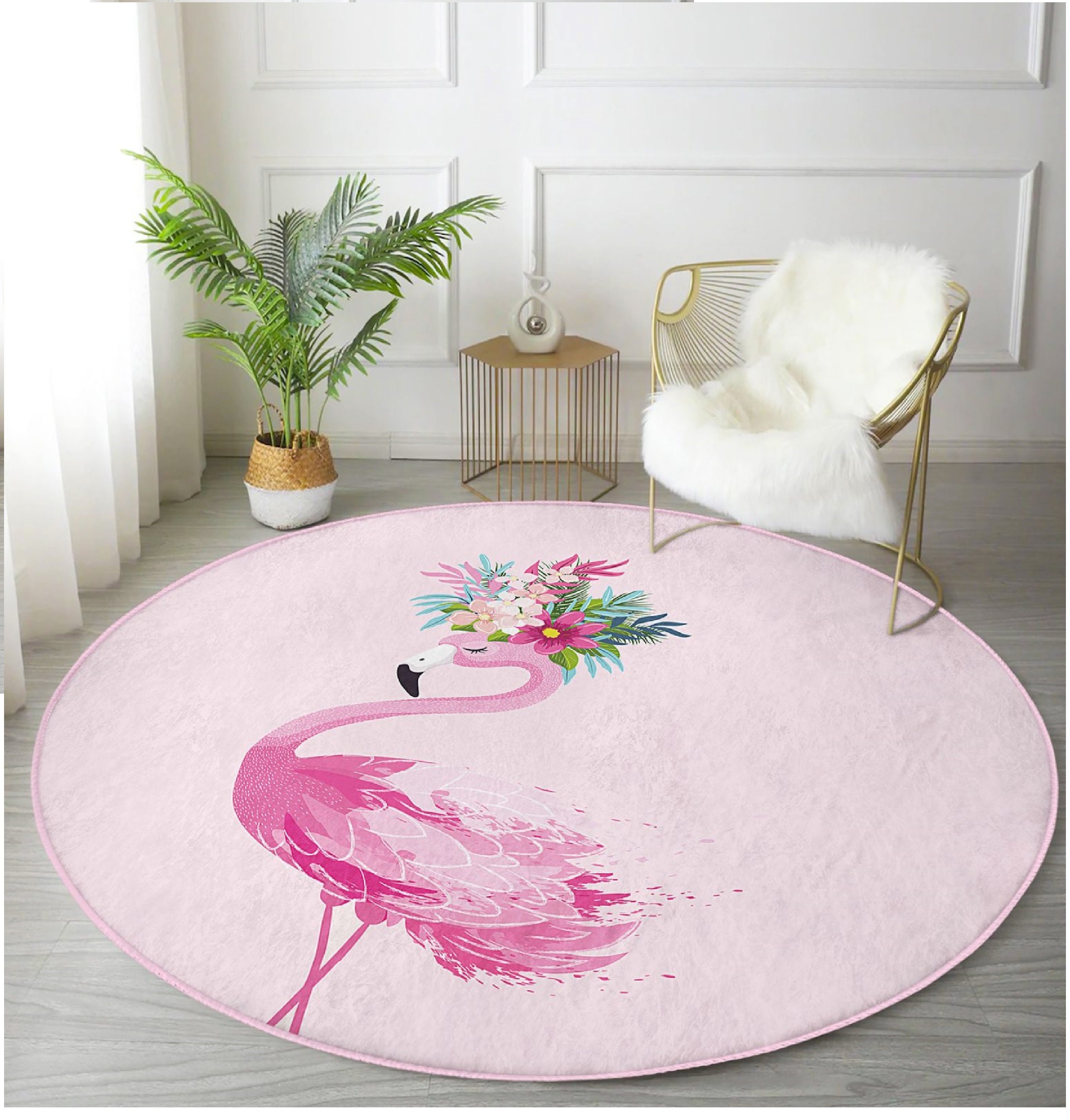 Pink Flamingo Round Rugexotic Bird Kitchen Carpetanimal Print Girl's ...