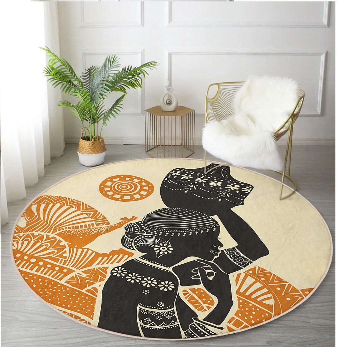 Traditional Woman Round Rugafro Girl With Vase Rugsorange Ethnic ...