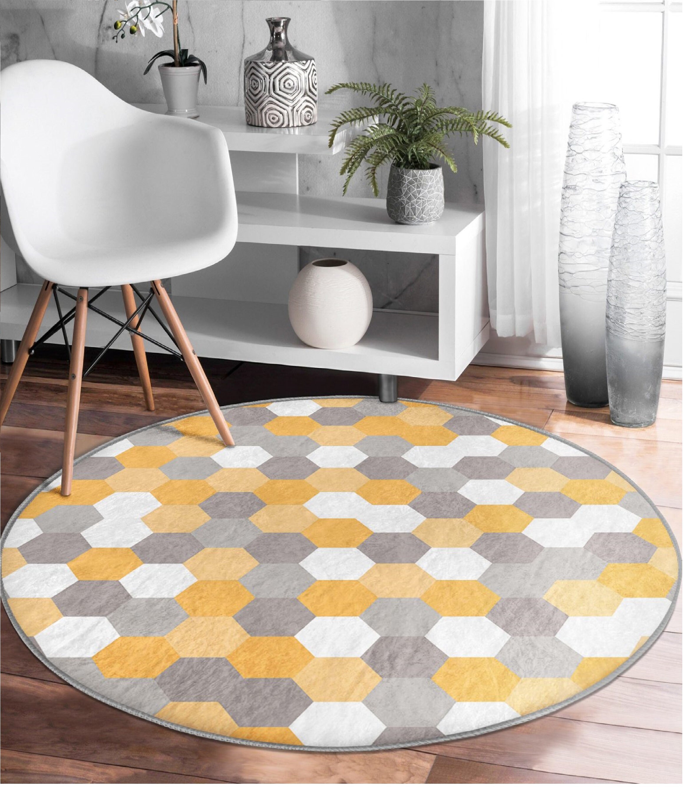 Geometric Round Rughexagon Design Carpetmulticolour Anti-slip ...