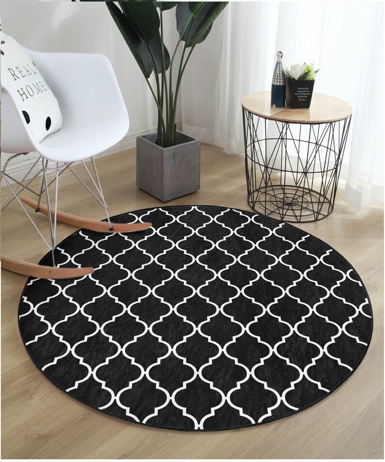 Black Geometric Round Rugogee Design Carpetabstract Shapes Carpetswhite ...