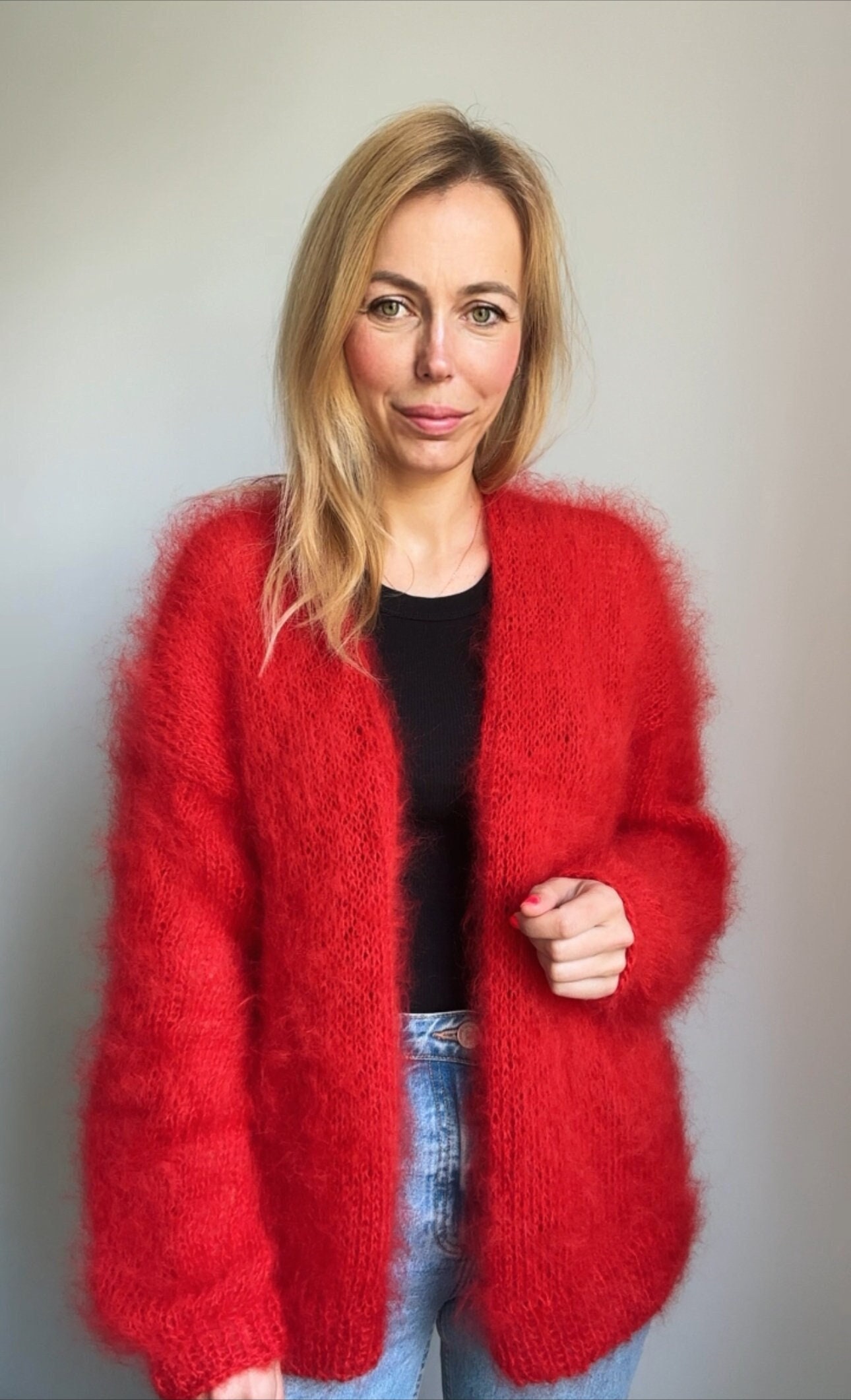 Mohair Red Cardigan, Women’s Knitted Cardigan, Oversized Cardigan ...