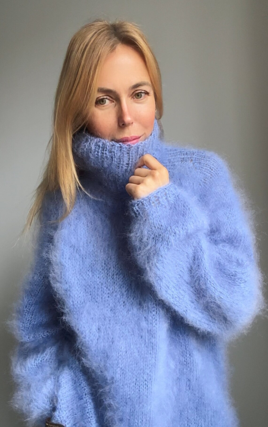 Mohair Blue Sweater, Fuzzy Sweater, Oversized Turtleneck Sweater ...
