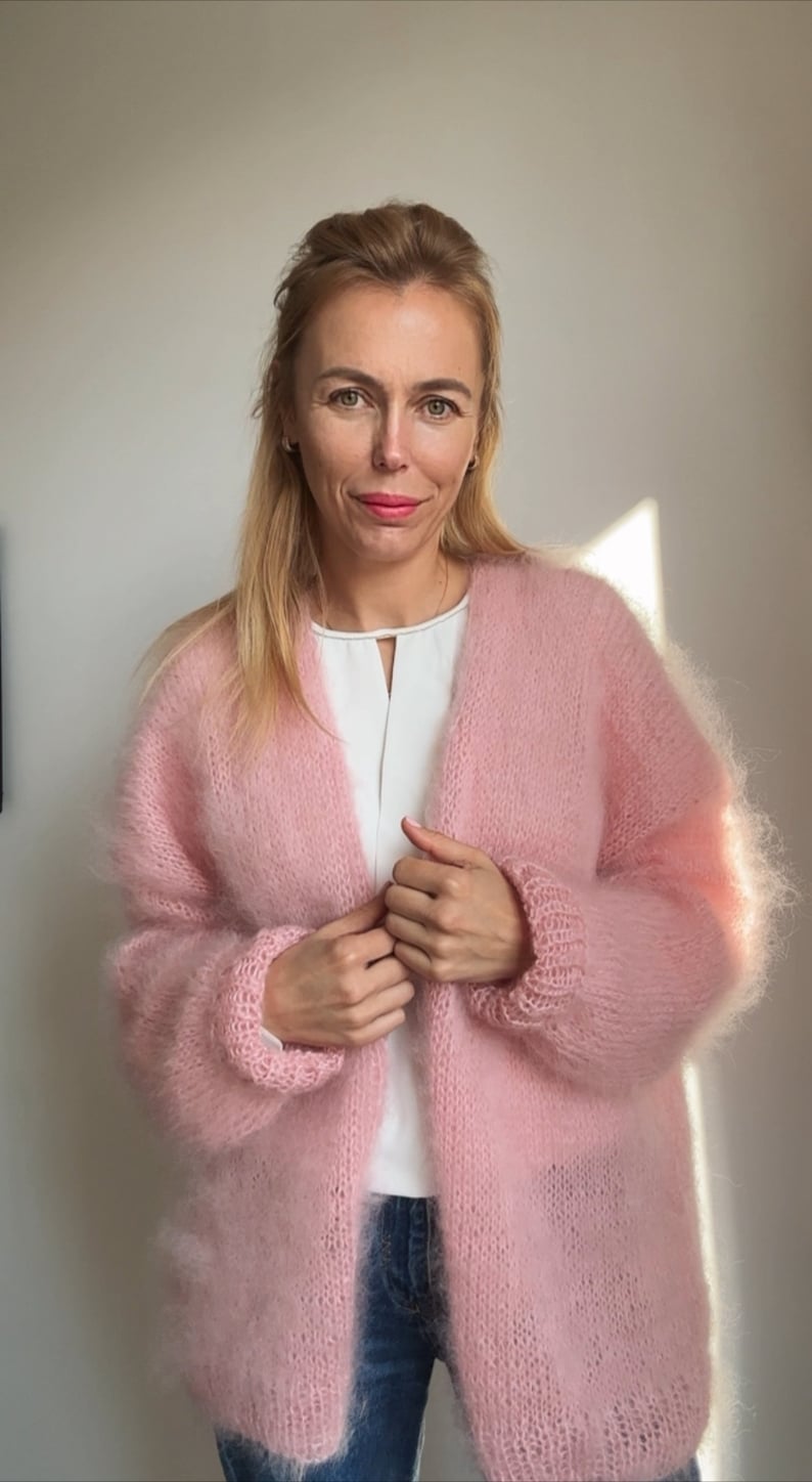 Mohair Pink Cardigan, Oversized Cardigan, Opent Front Chunky Sweater ...