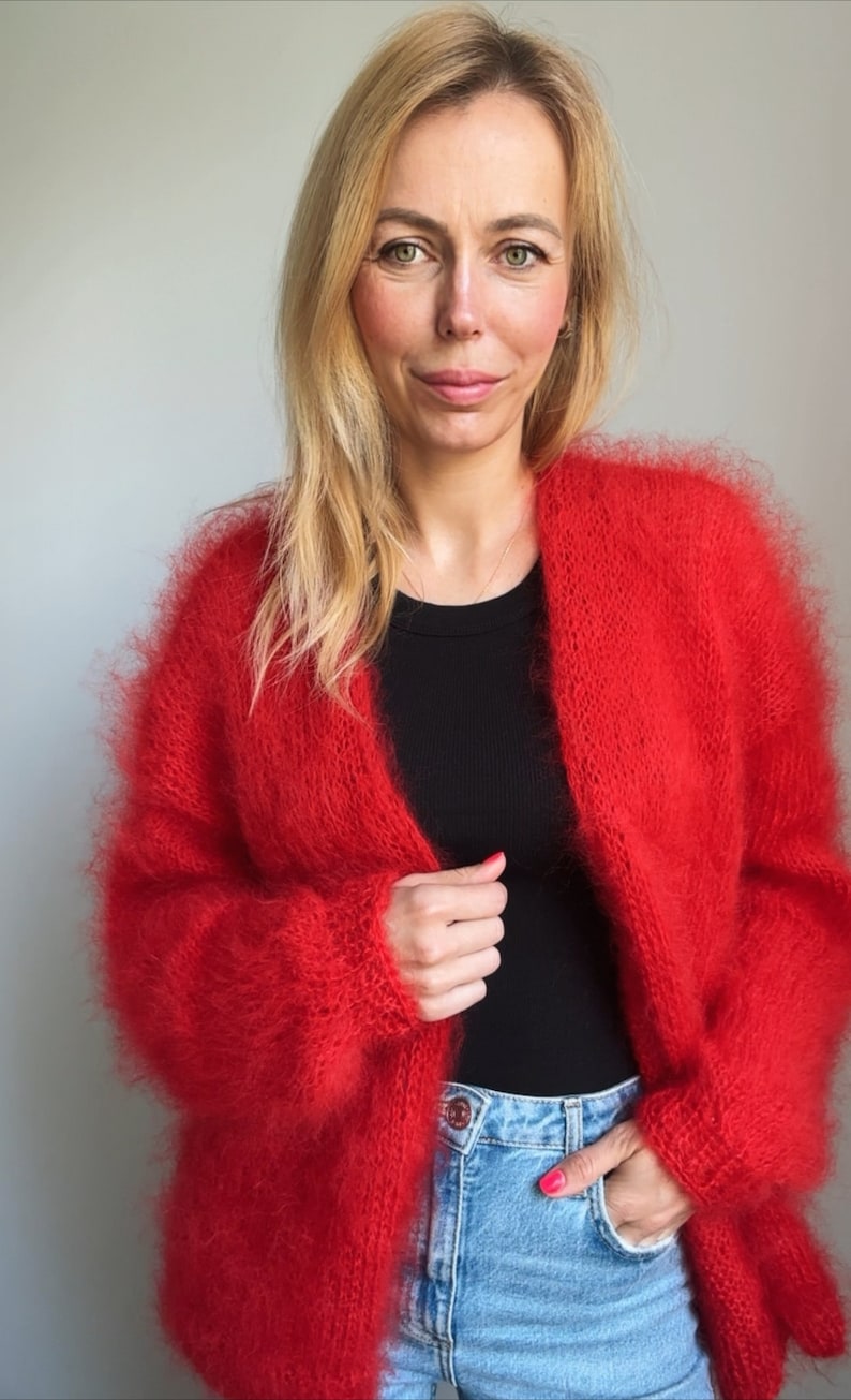 Mohair Red Cardigan, Women’s Knitted Cardigan, Oversized Cardigan ...